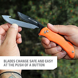 OUTDOOR EDGE RazorPro - Double Blade Folding Hunting Knife with Replaceable Razor Blade, Gutting Blade and Camo Nylon Sheath (Orange, 6 Blades)