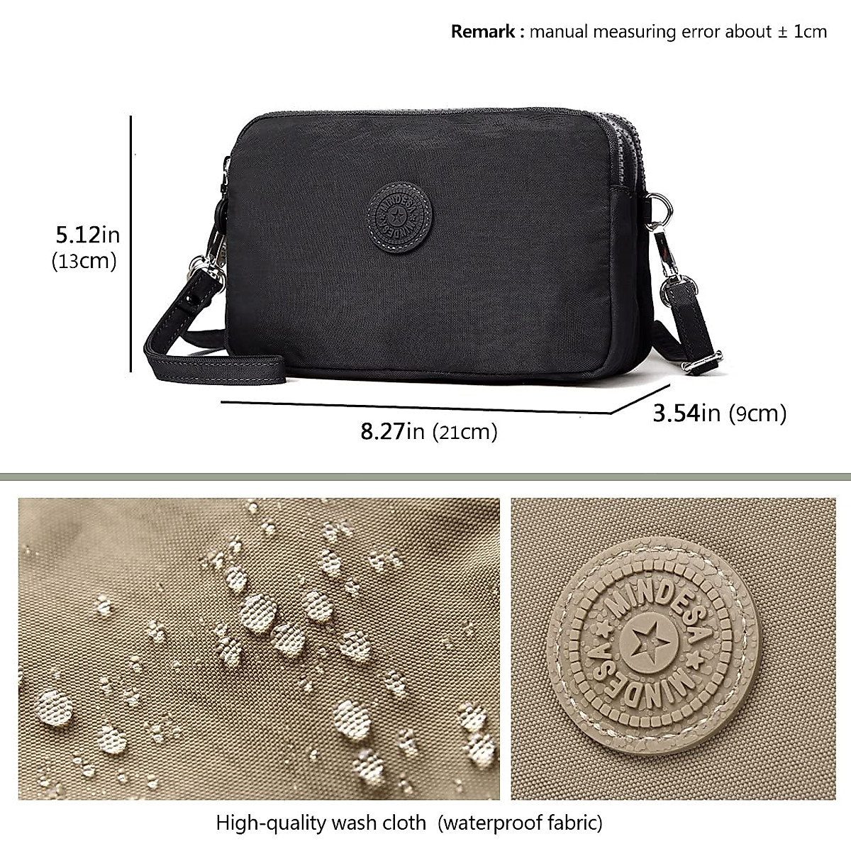 Mindesa Small Casual Crossbody Bags Triple Zip Clutch Wallet Waterproof Lightweight Cell Phone Shoulder Handbags(Black)