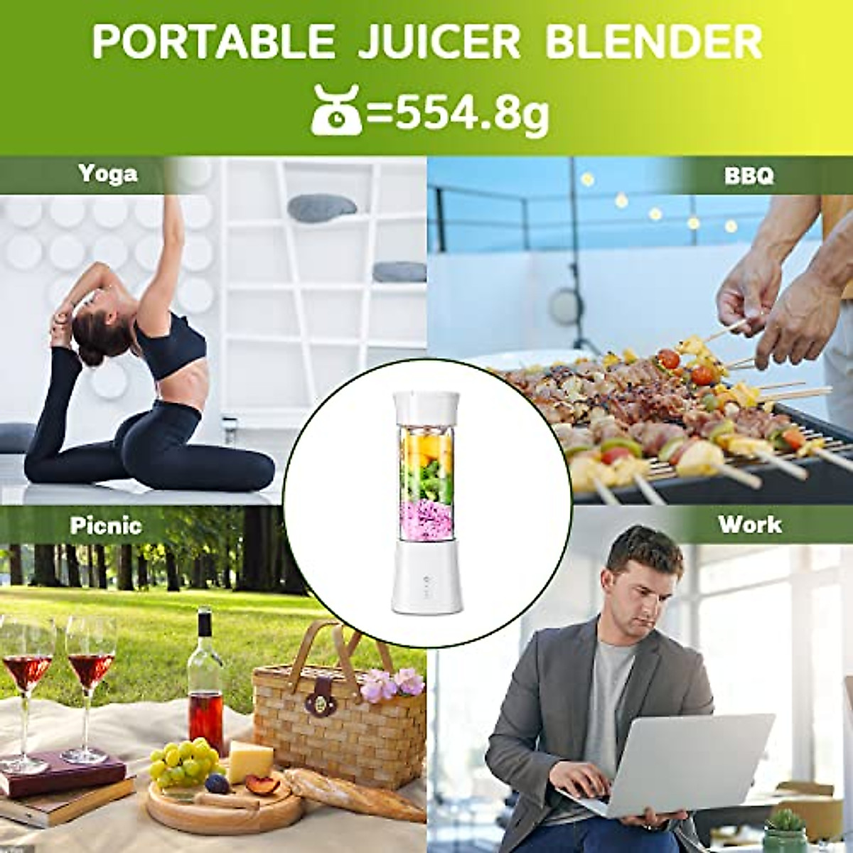 Portable Blender for Smoothies and Shakes, USB Rechargeable Personal Blender with 6 Blades,Mini Blender with Travel Cup and Lid,Handheld Personal Size Blender for Home/Gym/Travel,BPA-Free(White)