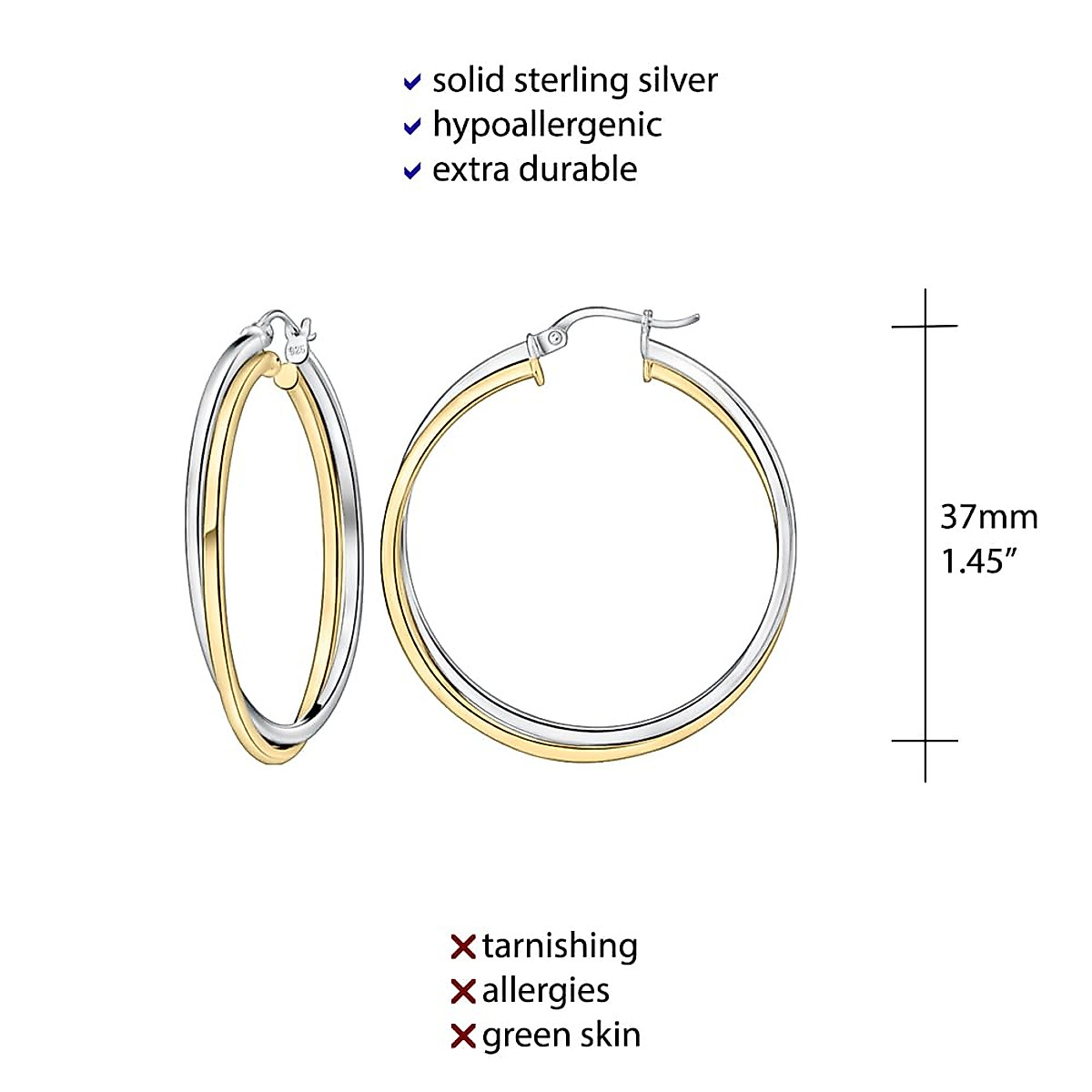 Sterling Silver Two-Tone Square-Tube Double Twisted 37mm Round Hoop Earrings