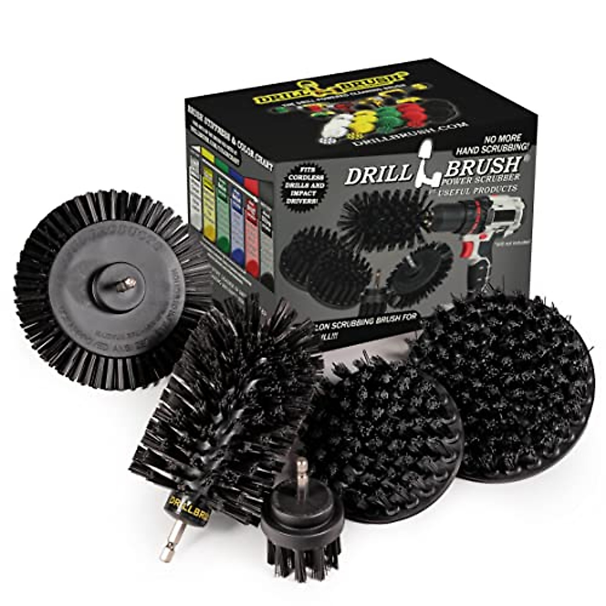 Drill Brush Power Scrubber by Useful Products - 4 Piece Black Drillbrush Ultra Stiff Cleaning Brush Set - Metal Brush for Drill Alternative - Grill Brush for Cordless Drill - Grill Grate Cleaner Brush