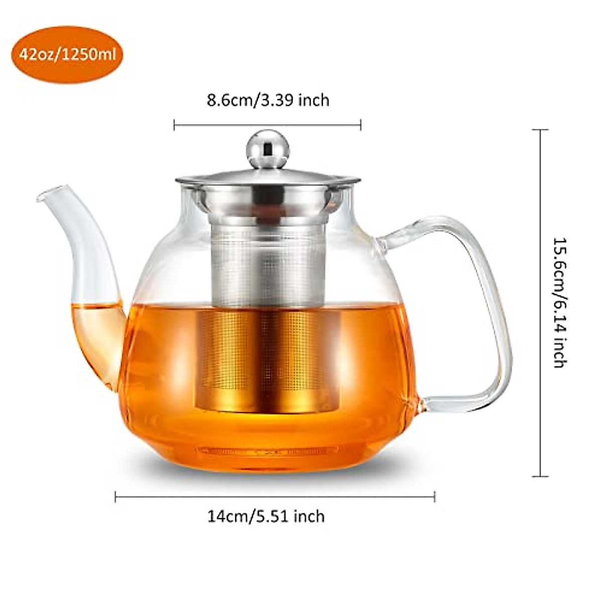 42oz/1250ml Glass Teapot, Glass Tea Kettle with Removable Stainless Steel Infuser, Stovetop Safe Tea Pot for Blooming and Loose Leaf Tea, Tea Maker Gift