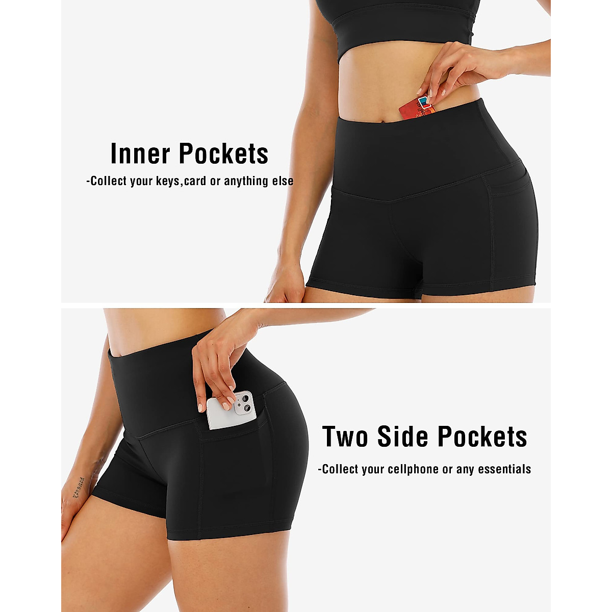 CHRLEISURE Spandex Yoga Biker Shorts with Pockets for Women, 3'' / 5'' / 8'' Workout Booty Shorts (3“ Black, S)