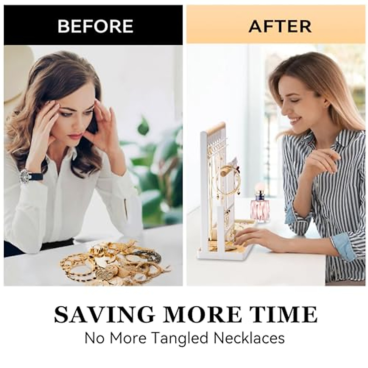 Jewelry Organizer Stand with Velvet Ring Holder, 4 Tier Jewelry Holder Organizer with 15 Hooks Necklace Organizer and Watch Bracket Holder, Jewelry Stand with 16 Holes for Earring Holder, White