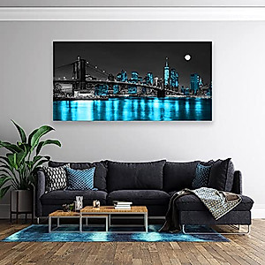 Aibonnly Wall Art Canvas Painting Black White and Blue New York Brooklyn Bridge 1 Piece Cityscape Night Building Skyline Picture Poster Print Framed for Living Room Bedroom Kitchen Office Home Decor