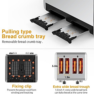 WHALL Toaster Stainless Steel, 6 Bread Shade Settings, Bagel/Defrost/Cancel Function, 1.5in Wide Slot, High Lift Lever, Removable Crumb Tray, for Various Bread Types