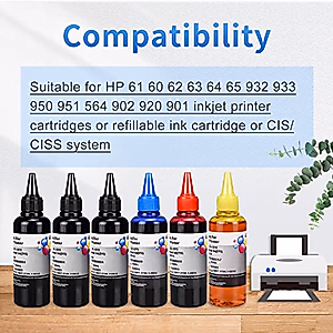 AYMSous Ink Refill Kit for HP 60 61 63 64 65 902 932 952 950 951 564 Refillable Ink Cartridge for HP Envy 4500 4520 5643 OfficeJet 6500a 6500 6000(6x100ML 3 Black, 1 Cyan. 1 Magenta, 1 Yellow)
