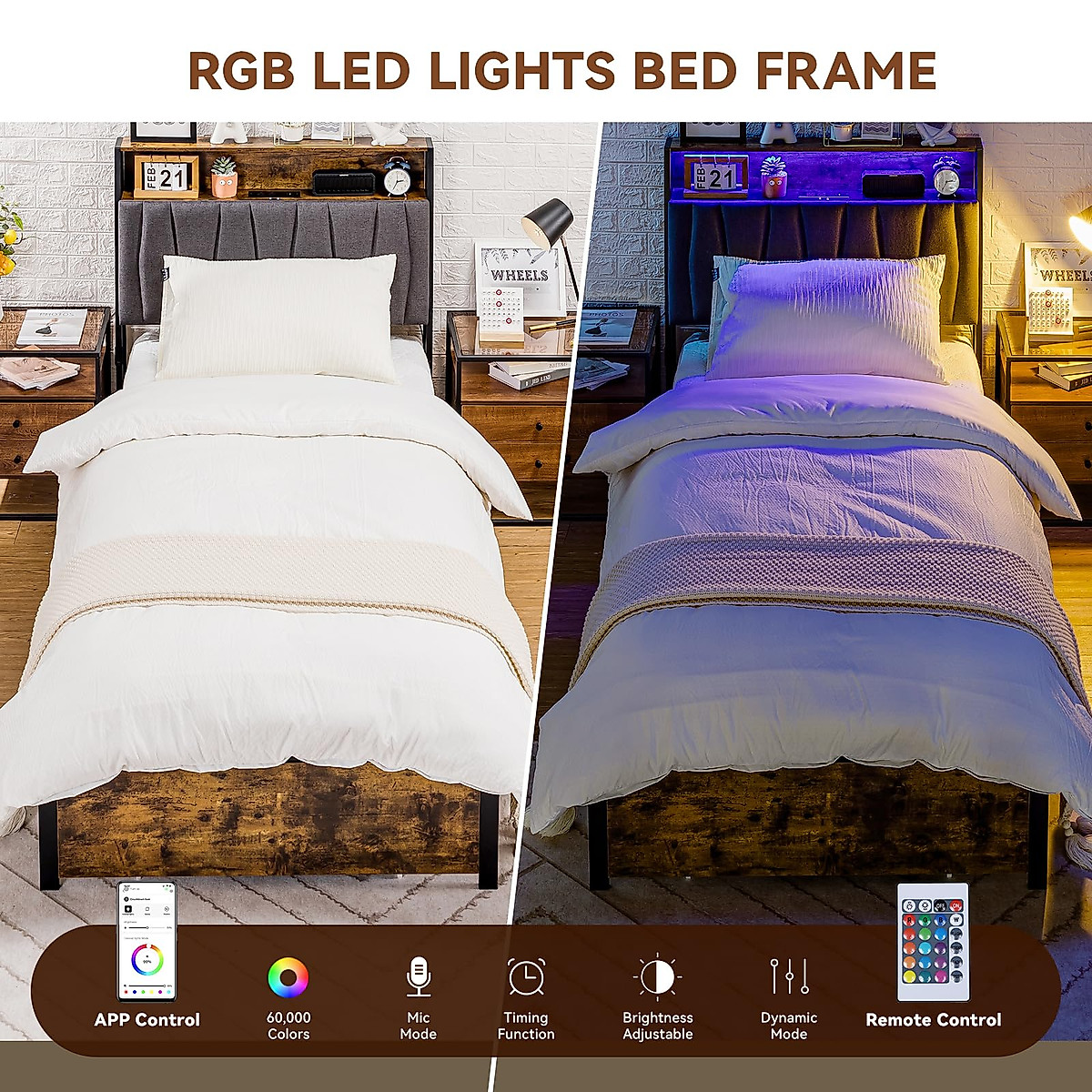 COMHOMA Twin Size Bed Frame, Platform Bed Frame with 2 Storage Drawers, Power Outlets, 2-Tier Storage Headboard and LED, Strong Support, No Box Spring Needed