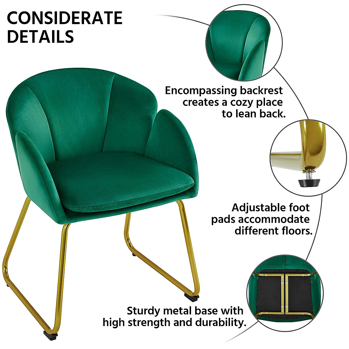 Yaheetech Flower Velvet Vanity Chair, Modern Side Chair Armchair with Golden Metal Legs for Living Room/Dressing Room/Bedroom/Home Office/Kitchen, Green