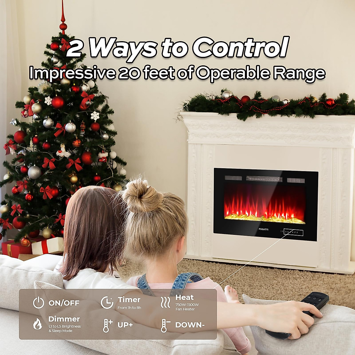 FOGATTI Electric Fireplace 30 Inch Wall Mounted and Recessed, RV Electric Fireplace, Remote Control with Timer, Fireplace Heater, Realistic 7 Color Flame, Crystals & Driftwood Options