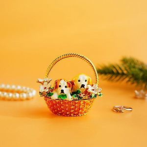 YU FENG Puppy Flower Basket Trinket Boxes Hinged Rhinestones Jeweled Painted Enameled Collectible Dog Animal Figurine Jewelry Holder Box