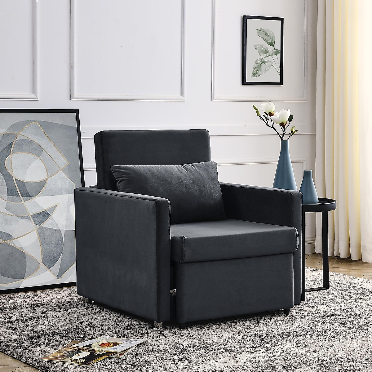 Futon Folding Single Chair Bed,Convertible Sleeper Sofa 2-in-1 Pull Out Lounge Chair Beds with Pillow&Pocket for Living Room Apartment Office（Grey）