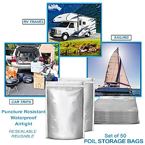 One Gallon Resealable 4.7 ml Mylar Bags, 50 Unit Set with 300cc Oxygen Absorbers and Labels; Thick and Heat Sealable. Food Storage Done Easy!