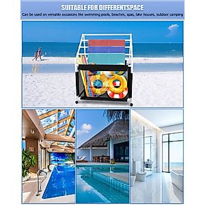 Heavy Duty Outdoor Towel Rack,Hutigertech 4 Tier Freestanding Poolside Pipe Towel Rack with Towel Rack Net,Moveable Wheels and Installation Hammer for Beaches,Swimming Pools,Bathroom