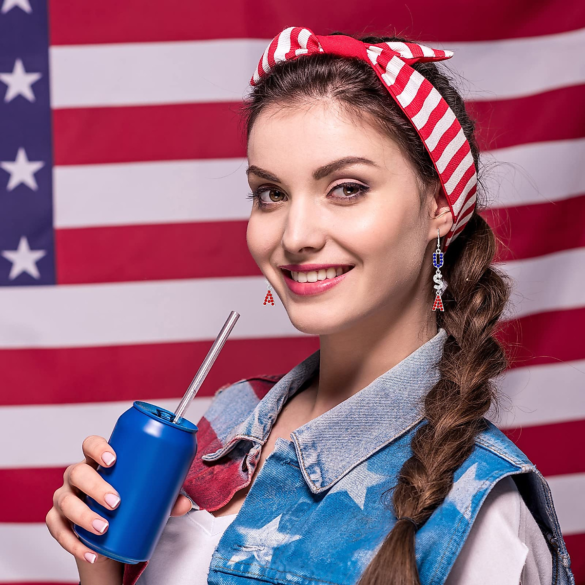 6 Pairs American Flag Earrings Independence Day Earrings Patriotic Earrings Set Red White Blue American USA Flag Earrings 4 of July Teardrop Tassel Rhinestone Drop Earrings Gift for Women
