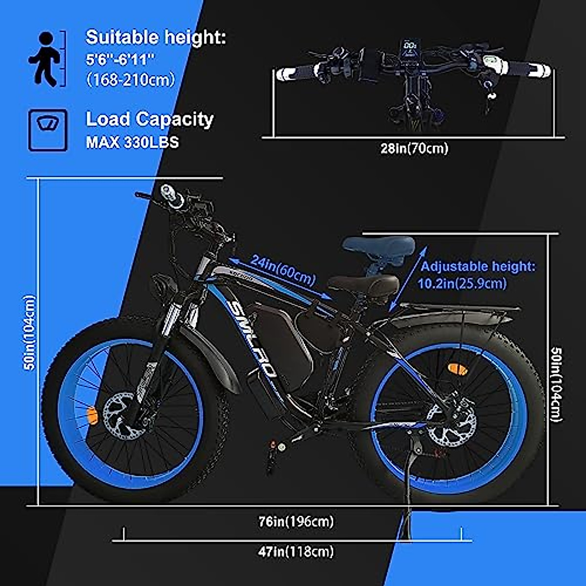Geartist (US in Stock) Smlro XDC600 Plus Electric Bicycle 2000W Dual Motor 35MPH Ebike 48V 22.4Ah Mountain Snow E Bike 26" Fat Tire 21 Speed MTB for Trail Riding Excursion Commute (Black Blue)