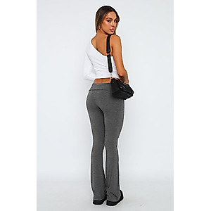 Goafuliy Grey Flare Leggings for Women, Fold Over Yoga Pants Bell Bottom Soft Y2k Joggers Lounge Bootcut Pant M