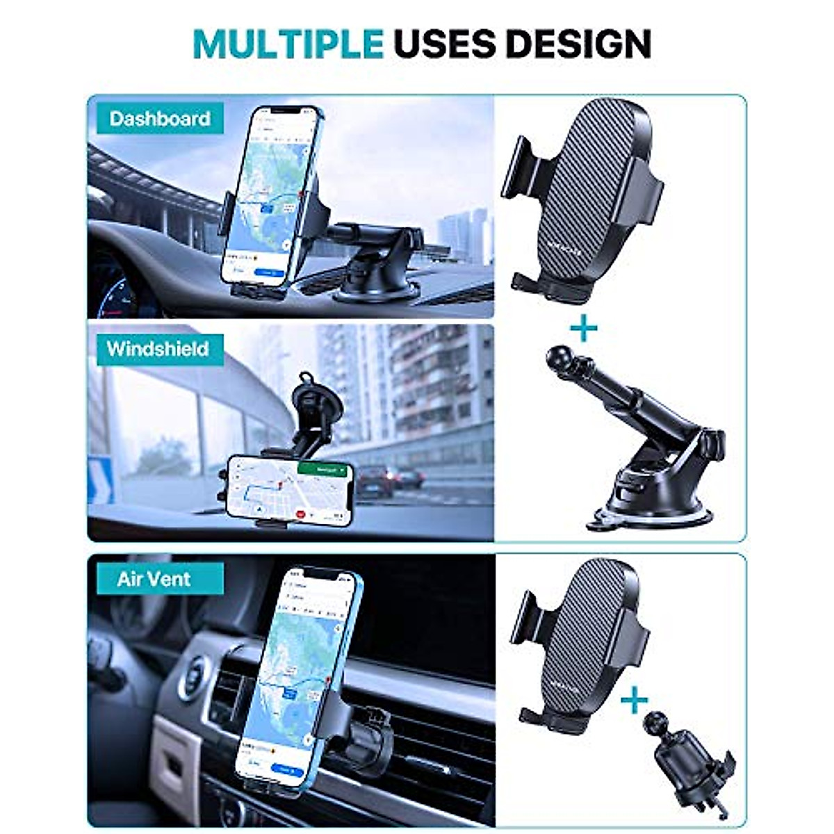 Miracase Military-Grade Universal Cell Phone Holder for Car,[Ultra-Stable& Strong Suction] Hands Free Dashboard Windshield Air Vent Car Phone Holder Mount Fit for All Mobile Phones