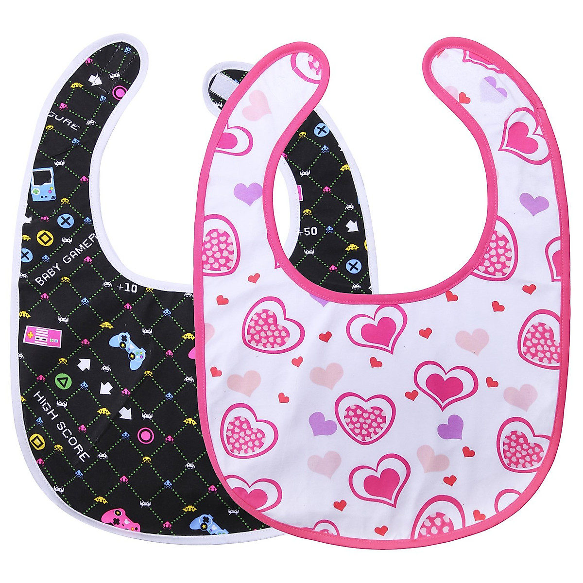 Littleforbig Cotton Waterproof Adult Babydoll Bib with Adjustable Velcro Closure Printed 2 Packs - Gamer and Princess Hearts Adult Bibs