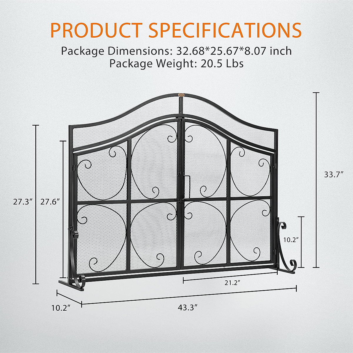 VIVOHOME 43.3 x 34 Inch Wrought Iron Fireplace Screen with Doors Metal Decorative Mesh Fire Spark Large Flat Guard Gate Cover Fireplace Barrier Panels Black