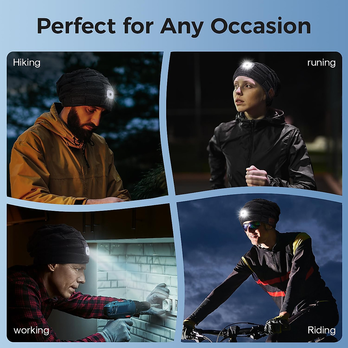 Bluetooth Beanie with Light for Men, Beanie with Light Unisex USB Rechargeable Hands-Free 4 LED, Headlamp Cap with Wireless Headphones Built-in Speaker Mic Gifts for Men Dad Teen (Black)