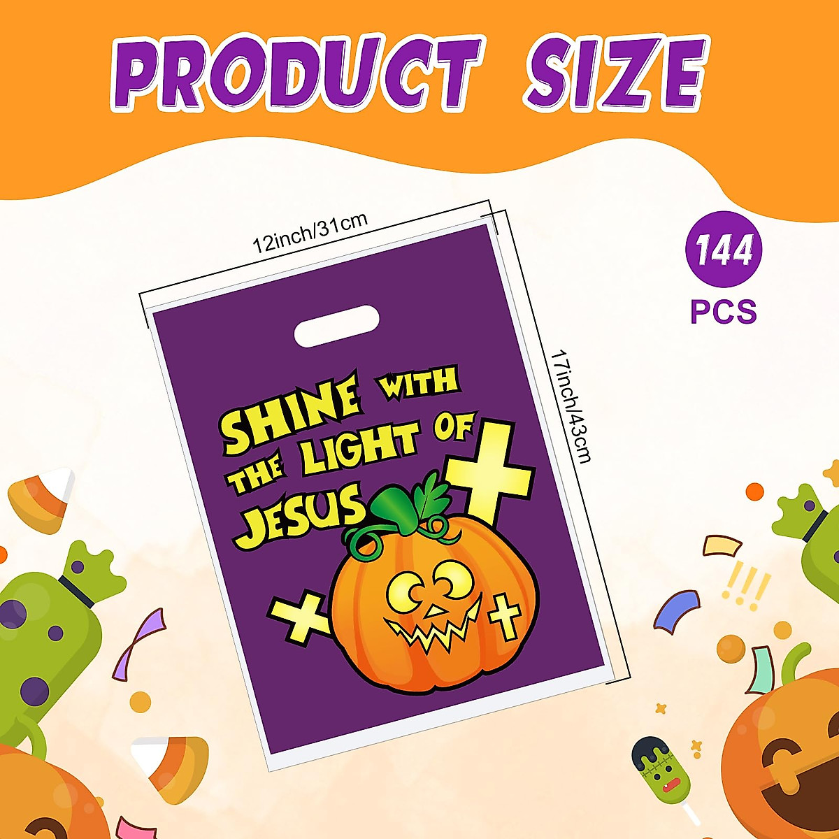 72 Pcs Halloween Christian Pumpkin Plastic Bags 12 x 17 Inch Halloween Treat Bags with Handle Halloween Goody Gift Bags for Trick or Treat Bags Halloween Party Favor