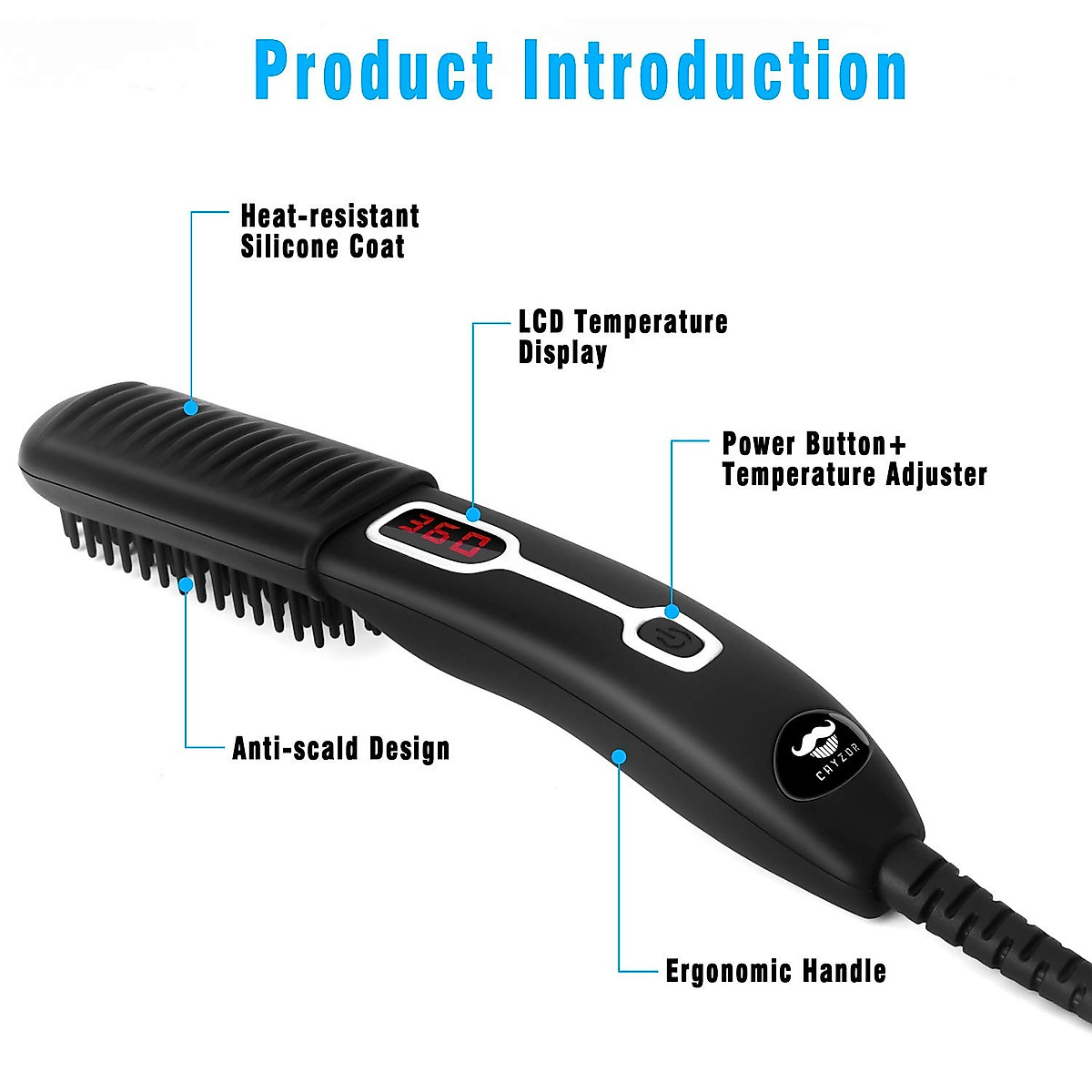 Cayzor Beard Straightener Comb for Men - Upgraded Professional Electric Mens Beard Straightening Heated Brush Portable Anti-Scald 5 Adjustable Temperatures & LCD Display with Carrying Bag