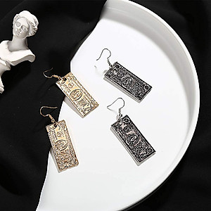 YOOE Cute 100 Dollar Bill Money Currency Dangle Earrings.Punk hiphop Paper Cash Drop Earrings.Antique Silver Gold For Women Jewelry (Silver 2)