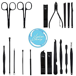 Lydian Luxury Complete Grooming Kit 18 Piece - Professional Travel Nail Kit Gift for Men and Women, Stainless Steel Manicure and Pedicure Nail Tools Clipper Case for Compact Travel, Black and Red