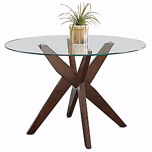 Steve Silver Amalie 48" Round Modern Dining Table with Tempered Glass Top & Solid Rubberwood Base, Architectural Pedesta, Conversational Feel, in Walnut/Clear Finish
