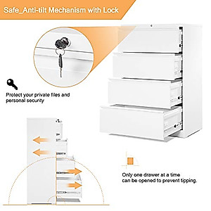 Aobabo 4 Drawer Metal Lateral File Cabinet,Steel Lateral Filing Cabinet with Letter/Legal A4 Size,Fast Assemble with 0 Screw,Assembly Required(White,4 Drawer)