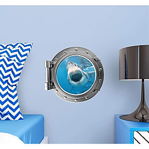 12" Port Scape Instant 3D Window Wall Sticker Great White Shark Attack Silver Porthole Wall Decal Ocean Under Water Sea Life Fish Kids Bedroom Playroom Wall Art Room Decor Removable Fabric Vinyl