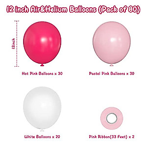 Pink White Latex Balloons, 80pcs 12 inch Hot Pink Pastel Pink White Balloons with Ribbon for Baby Shower Birthday Party Decorations (PinkWhite80pcs)
