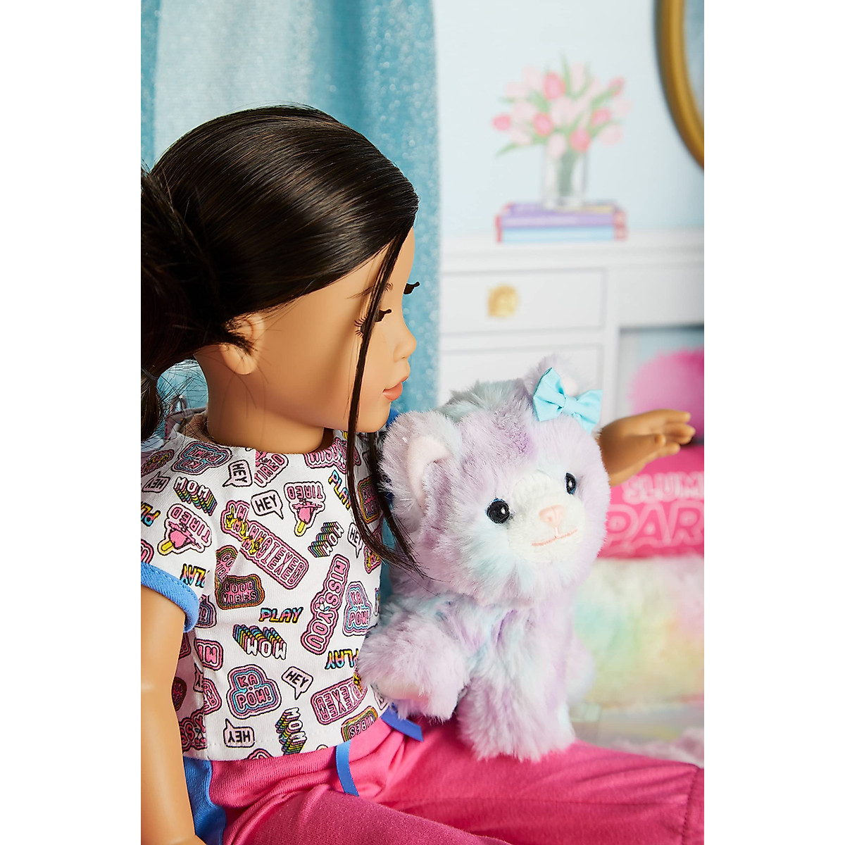 American Girl Truly Me 18-inch Doll Pet Purrpley Pink Kittycat with Magnetic Mouth to Hold Her Yarn Toy, For Ages 6+