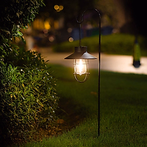 Hanging Solar Lights Lantern Lamp with Shepherd Hook,Metal Waterproof Edison Bulb Lights for Garden Outdoor Pathway (Black)