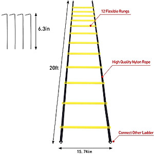 Pro Speed & Agility Training Set—includes 12 Rung 20ft Adjustable Agility Ladder with Carrying Bag, 12 Disc Cones, 4 Steel Stakes, 1 Resistance Parachute, Use Equipment to Improve Footwork Any Sport