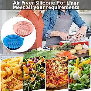 LOMSIOY 2 Pack Air Fryer Silicone Pot Reusable Round Air Fryer Oven Accessories with Handle Silicone Liner Tray Kitchen Accessories 8.4 Inch (Pink Blue)