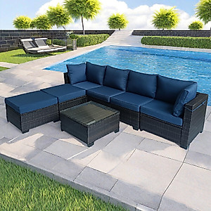 7-Piece Outdoor Furniture Patio Rattan Sectional Set with Wicker Conversation Sofas,Include Cushions, Coffee Table,Easy to Assemble,Perfect for Backyard, Porch, Garden, and Balcony (Brown-Dark Blue)