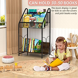 VyGrow Bookshelf, 4-Tier Metal & Wood Rolling Book Cart on Wheels, Record Cabinet for Book Magazine Turntable, Record Holder Up to 100 Albums, Multifunction Utility Cart, Black