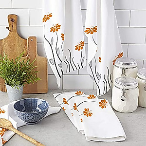 Kitchen Towels Dish Towel Set of 1,Orange Flowers Abstract Lines Absorbent Hand Towels Cleaning Dishcloth Tea Towels,Modern Minimalist Plant White Back Reusable Drying Dish Cloths