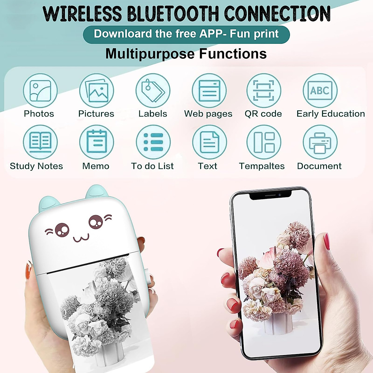 Mini Portable Printer, Pocket Wireless Bluetooth Thermal Printers with 10 Rolls Printing Paper for Android iOS Smartphone, Bluetooth Portable Printer for Learning Notes, Photos, DIY, Travel (Blue)
