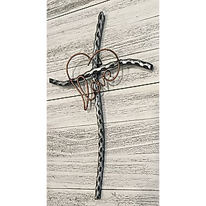 Top Brass Love/Heart Decorative Metal Wall Cross - Welded Wrought Iron - Valentine, Anniversary Jesus Art Decor - Antigue Silver/Copper Finish