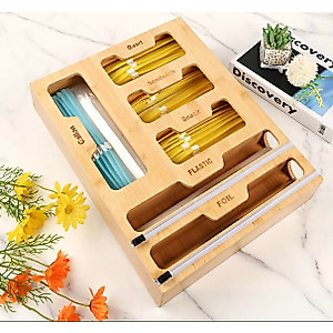 Generic Bag Storage Organizer for Kitchen Drawer, 6 in 1 Foil and Plastic Wrap Dispenser with Cutter, Bamboo Plastic Bag Food Baggie Organizer, brown, M-4hf01