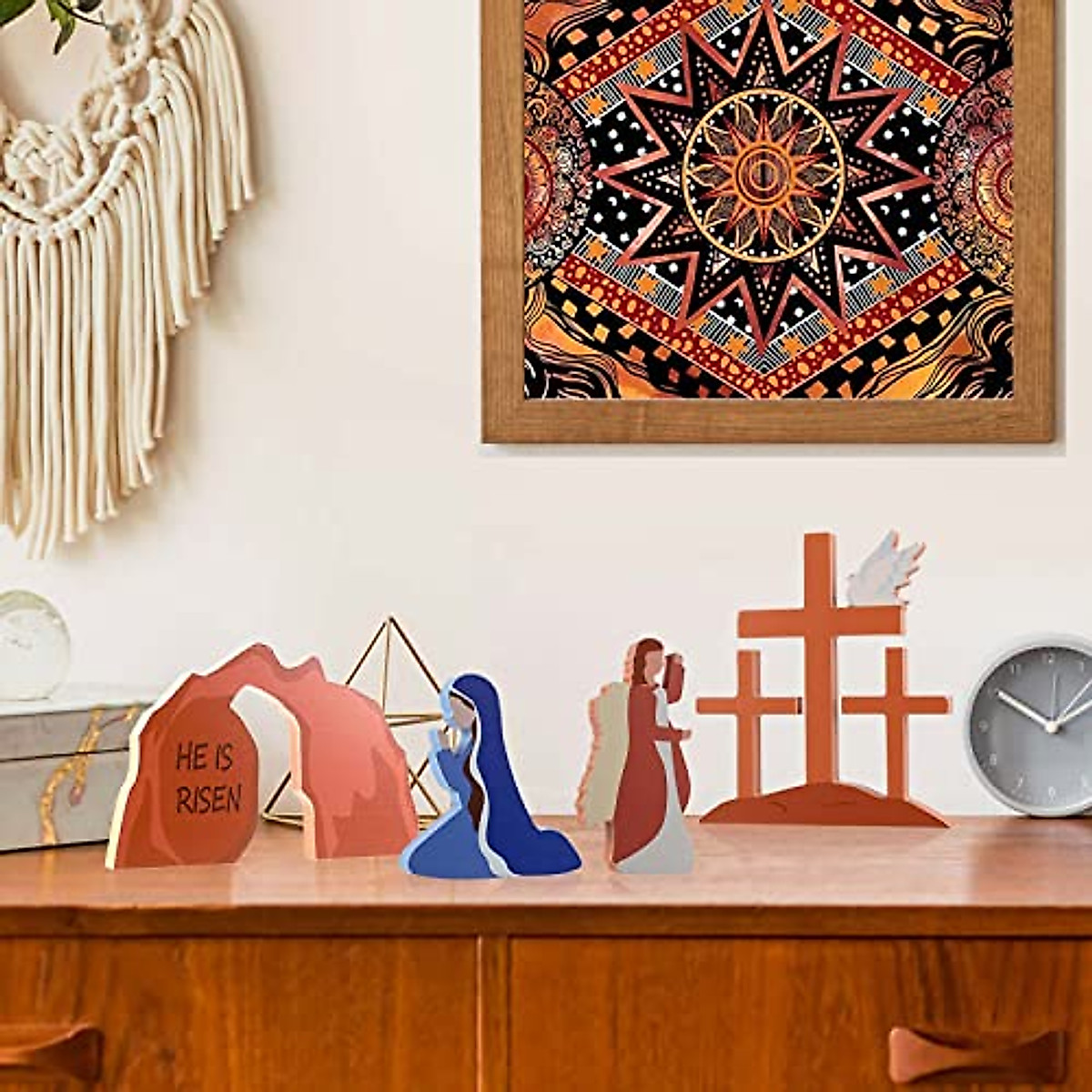 Ufkaa Easter Decorations, 4pcs Religious He is Risen Decor, Wooden Empty Tomb Resurrection Scene, Cross Table Christian Spring Decor, Farmhouse Easter Nativity Tier Tray Decor for Home Mantle