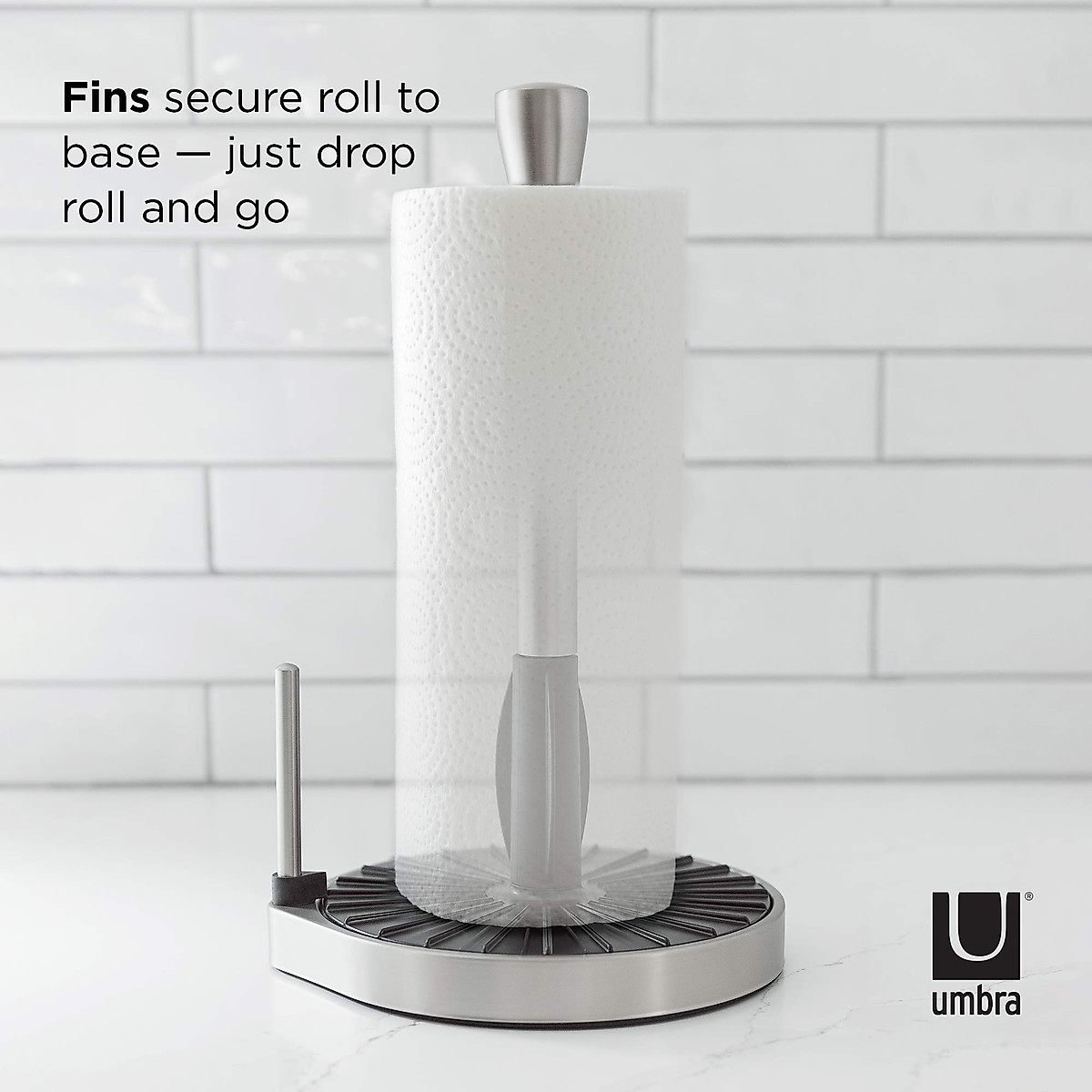 Umbra Spin Click N Tear Paper Towel Holder Stand for Countertop - One-Handed Tear, Nickel/Black
