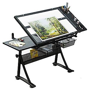 EESHHA Drawing Table Adjustable Glass Drafting Table,Versatile Art Study Table,with Storage Drawers,Art Studio Design Sketching Painting Work Station (Color : Glass) (Glass) (Glass)