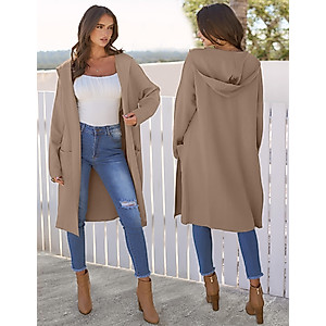 MEROKEETY Long Hooded Cardigan Sweaters for Women Oversized Open Front Coatigan Lady Jacket Coat Pockets, Khaki, Medium