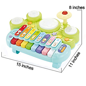 Fisca 3 in 1 Musical Instruments Toys, Electronic Piano Keyboard Xylophone Drum Set - Learning Toys with Lights for Baby & Toddler 1 2 3 Year Old Boys and Girls