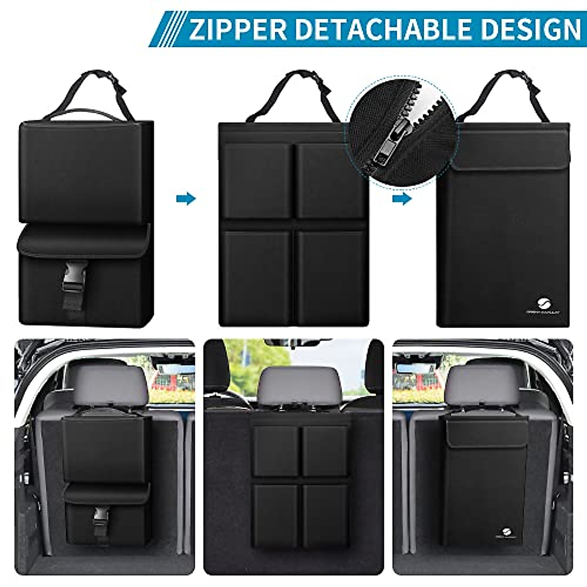 Car Trunk Organizer with Cooler, Hanging Car Organizers and Storage with Large Pockets, Zippers Detachable Seat Back Organizers Storage, Waterproof Car Storage Trunk Organizer for Jeeps, SUVs, Black