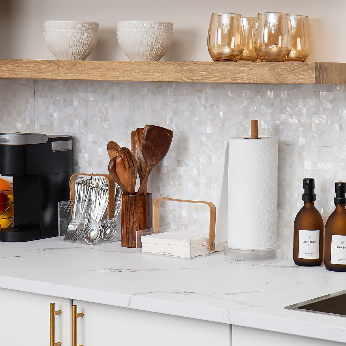 Mind Reader Utensil Holder, Silverware Organizer, Cutlery, Caddy, Rayon from Bamboo and Acrylic, 5.5" L x 5.5" W x 7.5" H, Brown